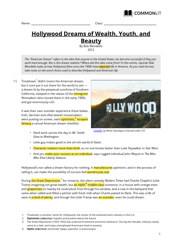 Commonlit - Hollywood Dreams of Wealth Youth and Beauty - Student | PDF ...