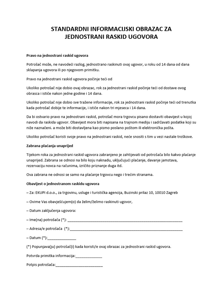 Standardni Informacijski Obrazac Za Jednostrani Raskid Ugovora | PDF