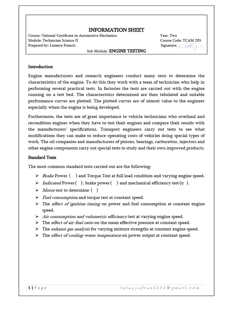 Lesson Notes_Engine Testing | PDF | Engines | Internal Combustion Engine