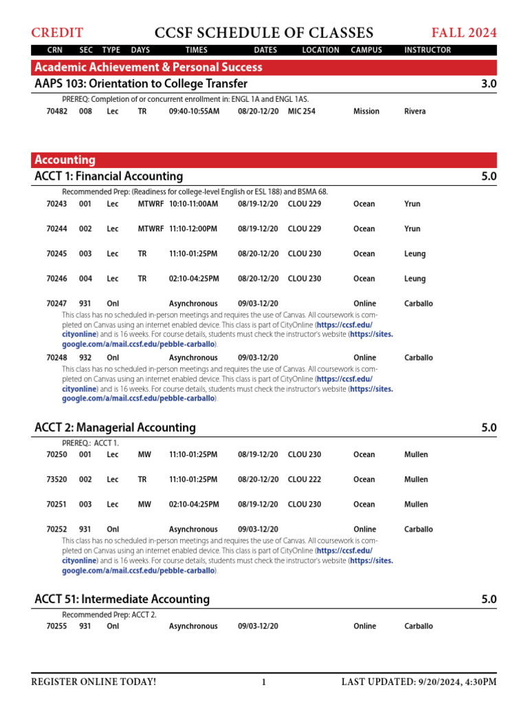 CCSF Fall 2024 Class Schedule | PDF | Technology & Engineering