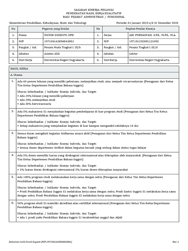 Rencana SKP NUNIK SUGESTI 2023 | PDF | Karier & Perkembangan