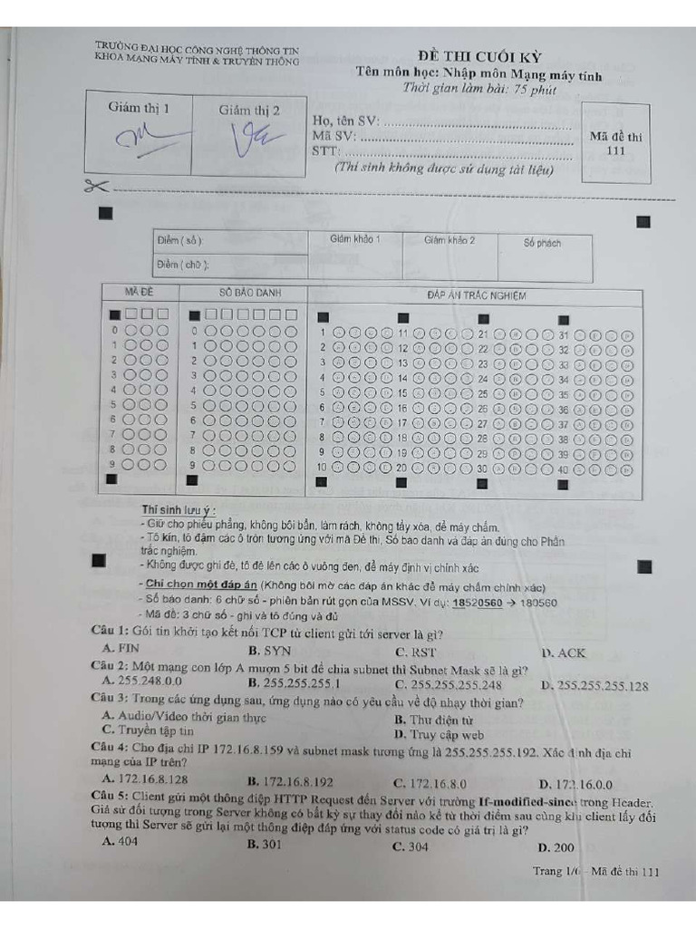 Đề thi CK - MMT - 6 | PDF