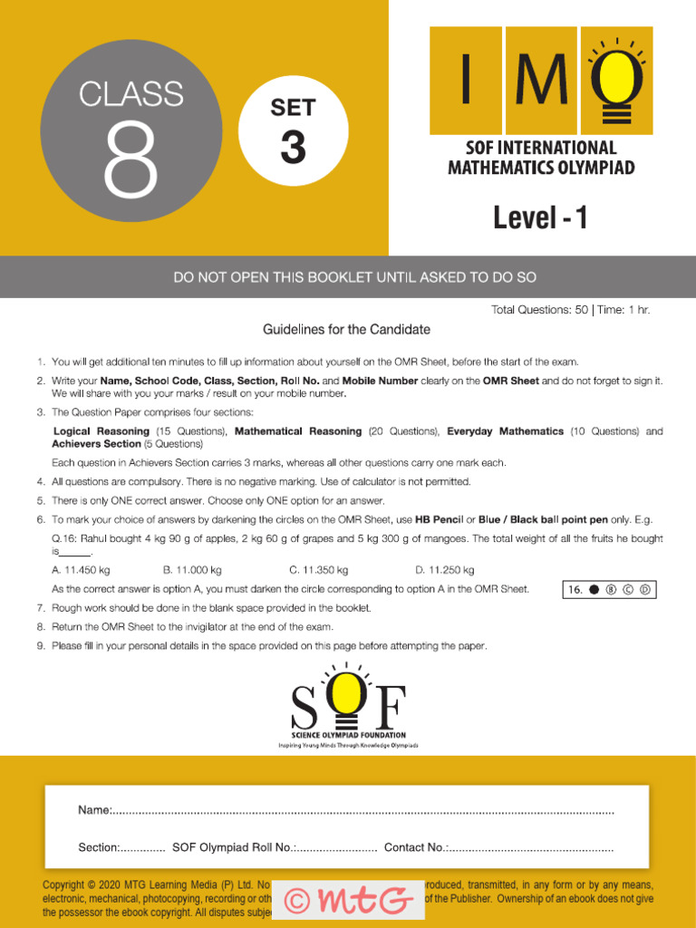 imo-level1-class-8-set-3 | PDF | Rectangle | Area