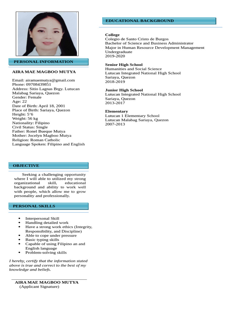 Aira Mae Mutya - Resume | PDF | Wellness
