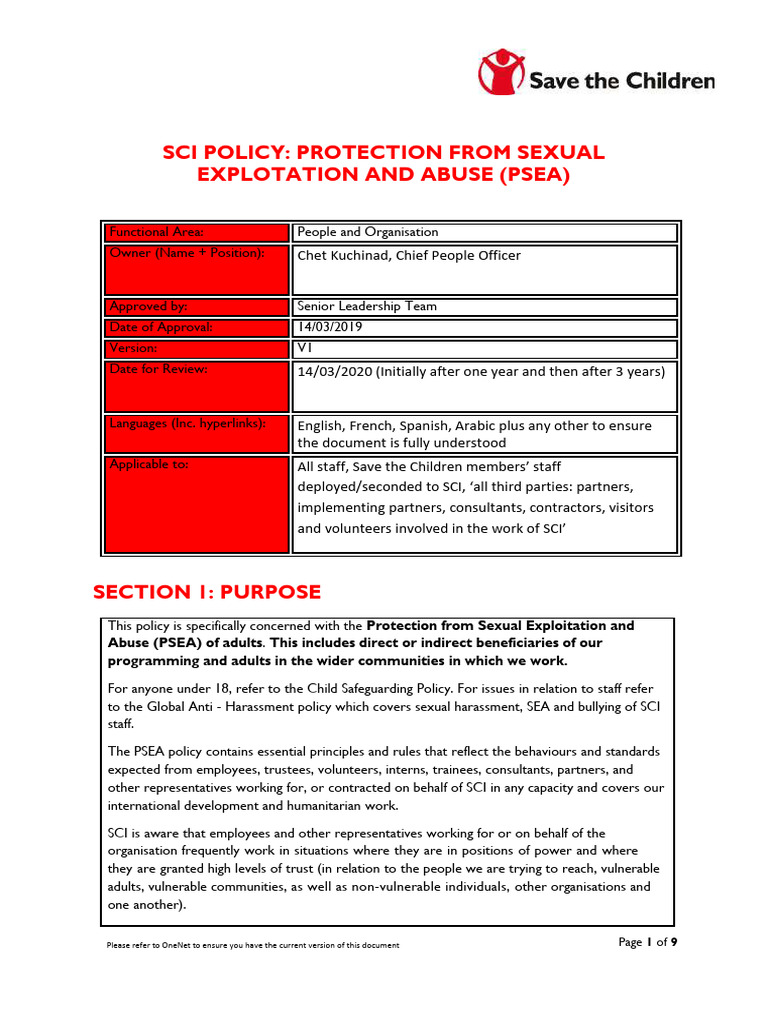 SCI PSEA Policy Final Approved March 2019 | PDF | Consent | Justice