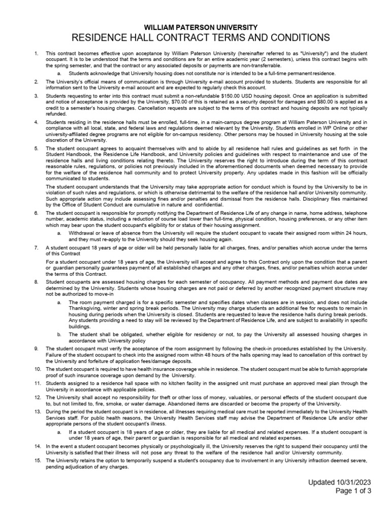 Residence Hall Contract Updated 10-31-2023 | PDF | Insurance | Payments