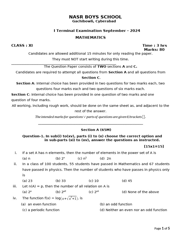 Class 11 Mathematics I Term 2024 | PDF | Mathematical Concepts ...