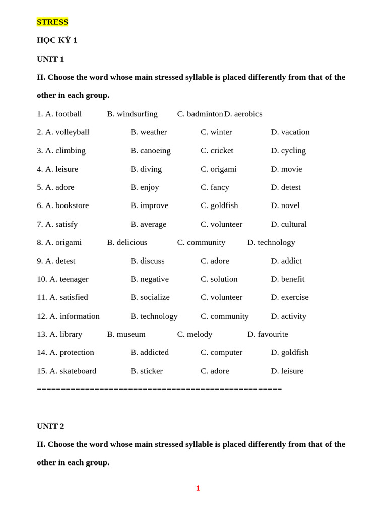 Bài tập Anh 8 theo chuyên đề 2. TRỌNG ÂM E8 (UNIT 1-6) N | PDF | Acupuncture