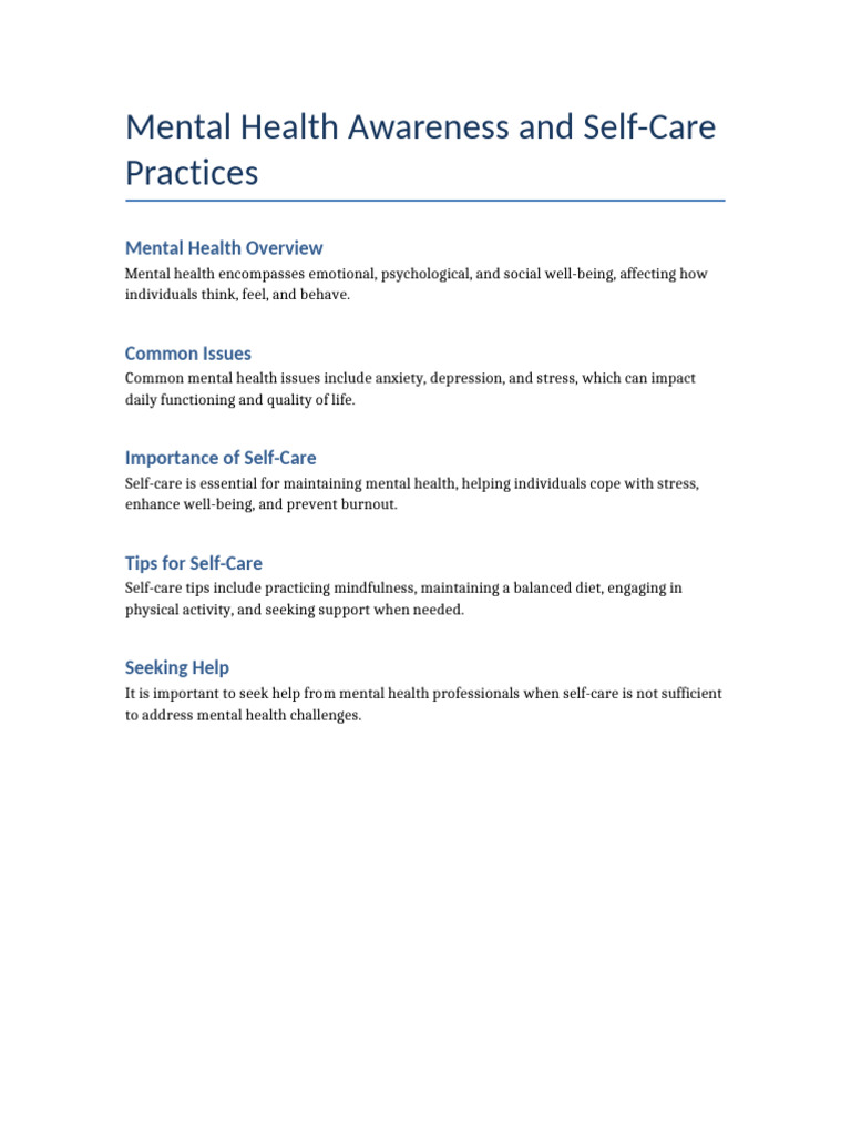 Mental Health Awareness and Self-Care Practices | PDF | Self-Improvement