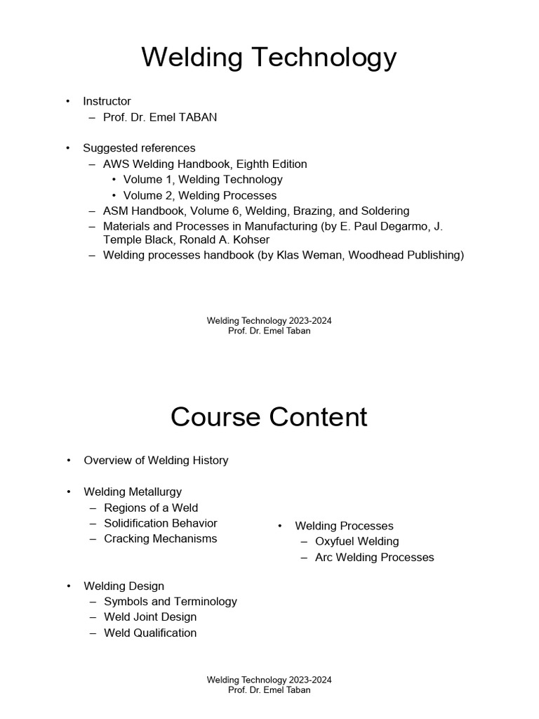 Welding Techn Lecture Notes 2023-2024 October 2024 Emel Taban | PDF ...