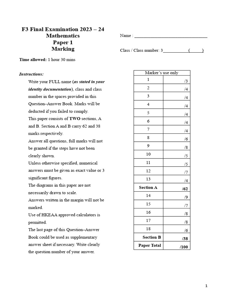 F3 Maths Final 23-24 Paper 1 Marking V2 | PDF | Area | Euclidean Geometry
