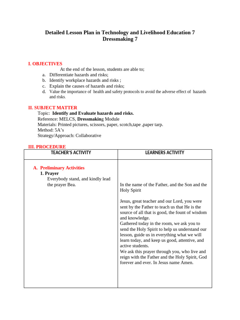 Detailed Lesson Plan in TLE Dressmaking | PDF | Hazards | Occupational ...