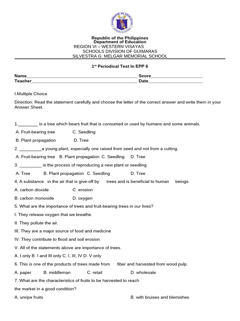 1st PT in EPP 6 | PDF | Plants | Trees