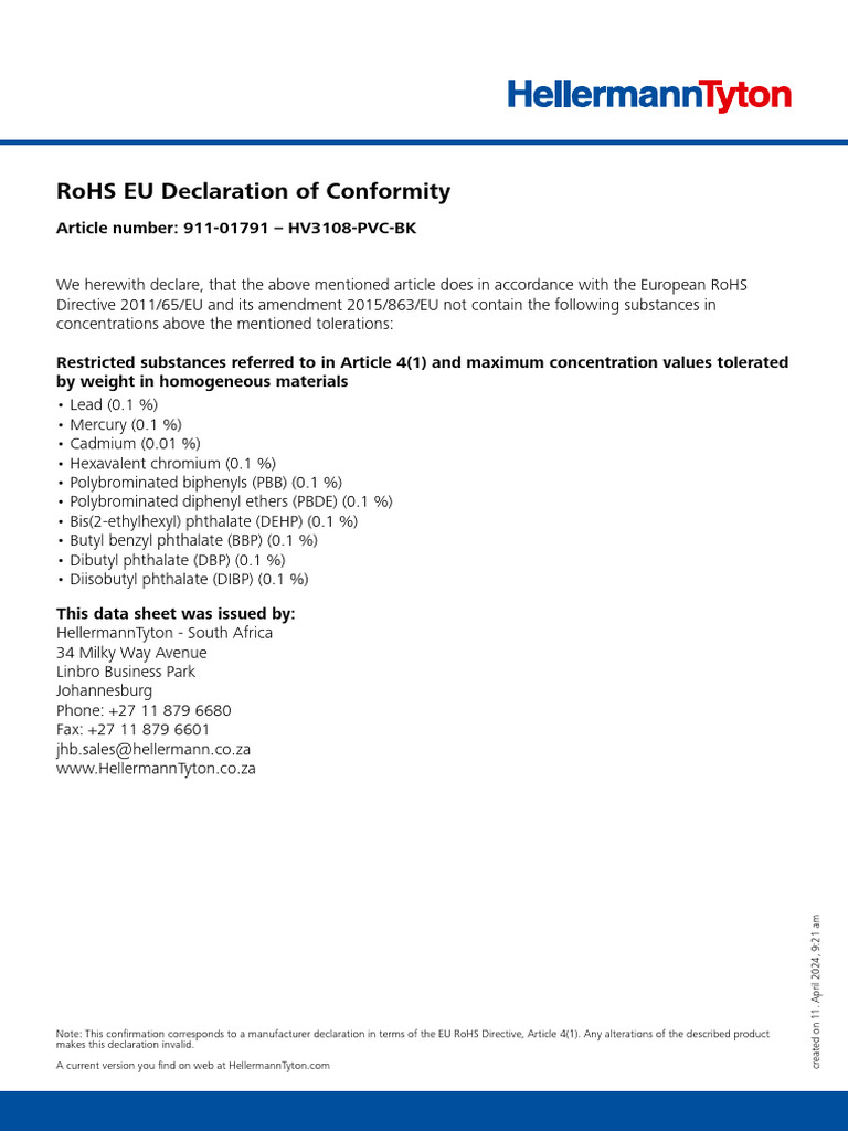 RoHS Compliance Declaration for HV3108-PVC-BK | PDF