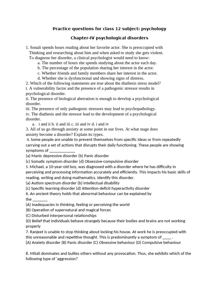 Class 12 Psychology: Psychological Disorders Practice Questions | PDF ...
