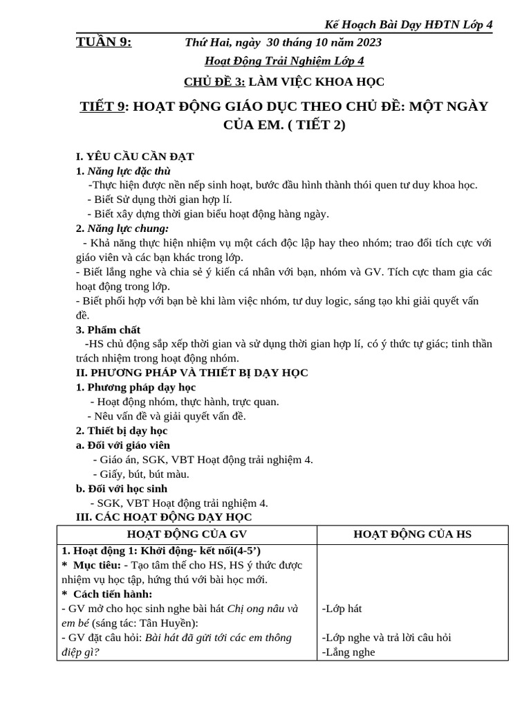 Giáo Án H ĐTN 4 - Tháng 11-2023-2024 | PDF