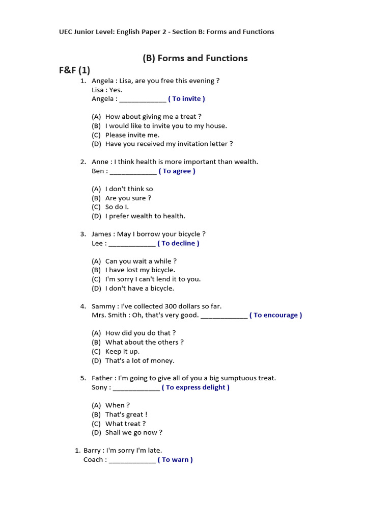 UEC English Paper 2: Forms & Functions | PDF