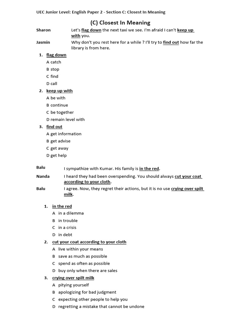 English Paper 2 - Section C Closest in Meaning | PDF