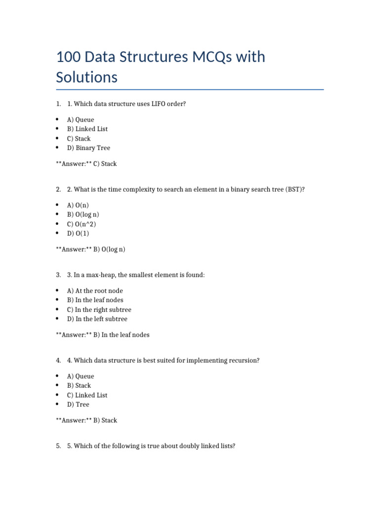 100 Data Structures Mcqs With Solutions Pdf Algorithms And Data Structures Algorithms