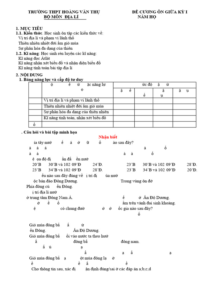De Cuong Giua Ky 1 Dia Li 12 Nam 2024 2025 Truong THPT Hoang Van Thu Ha Noi | PDF