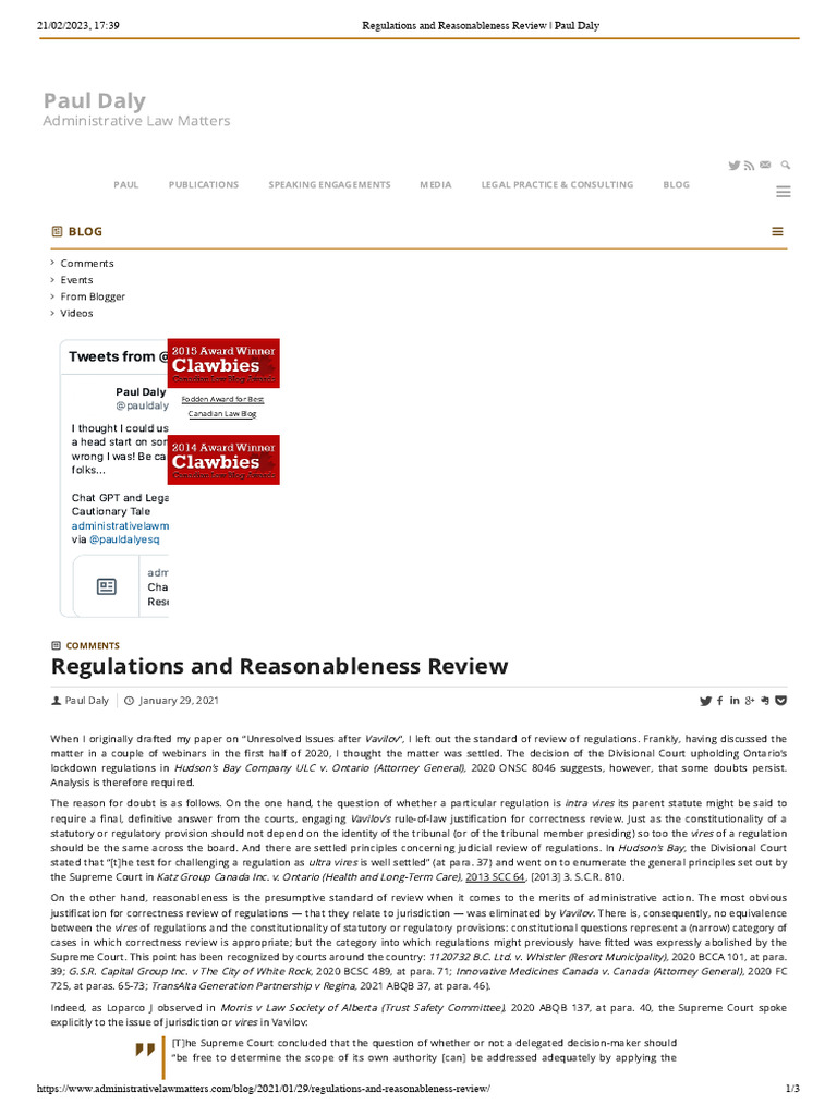 Paul Daly - Regulationa and Resonableness Review | PDF | Judicial ...