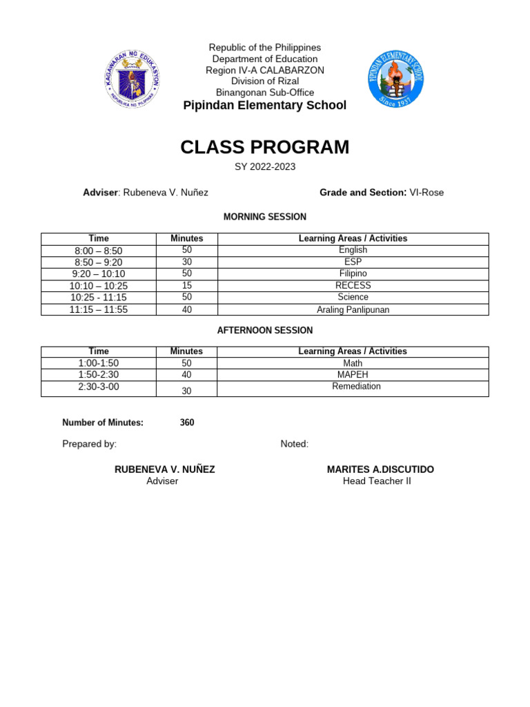 Grade 6 Rose Classprogram 2022 2023 1 | PDF | Public Administration | Government