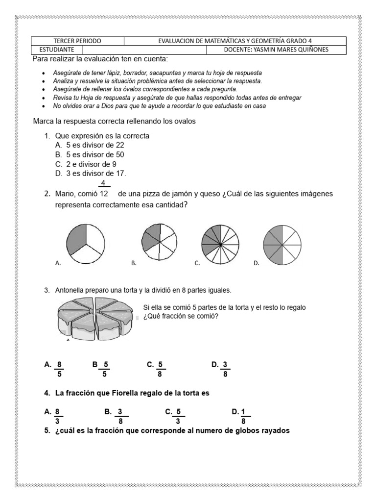Evaluación de Matemáticas Grado 4 | PDF