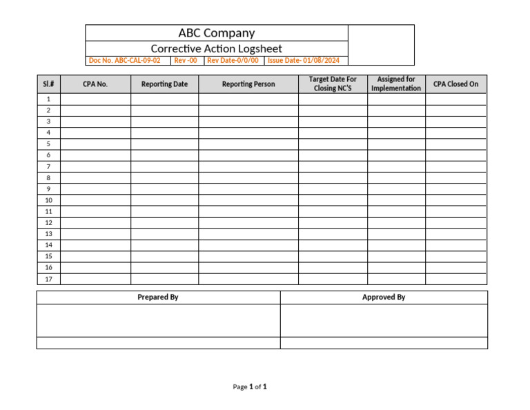 Corrective Action Log Sheet | PDF
