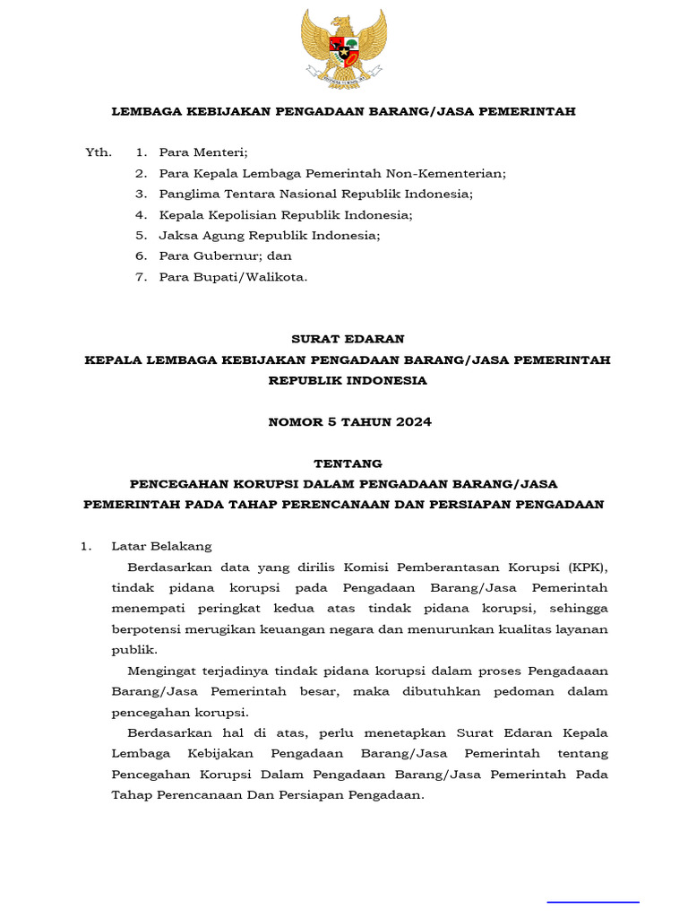 Surat Edaran Kepala LKPP Nomor 5 Tahun 2024 - 2558 - 1 | PDF