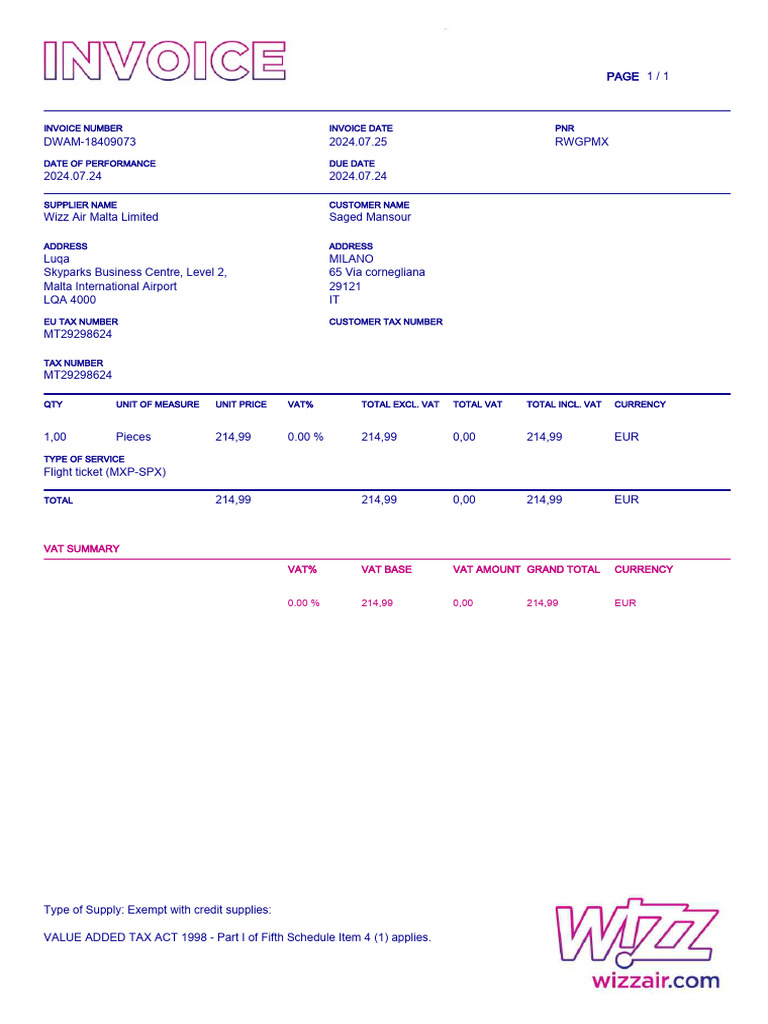 Invoice for Flight Ticket MT29298624 | PDF