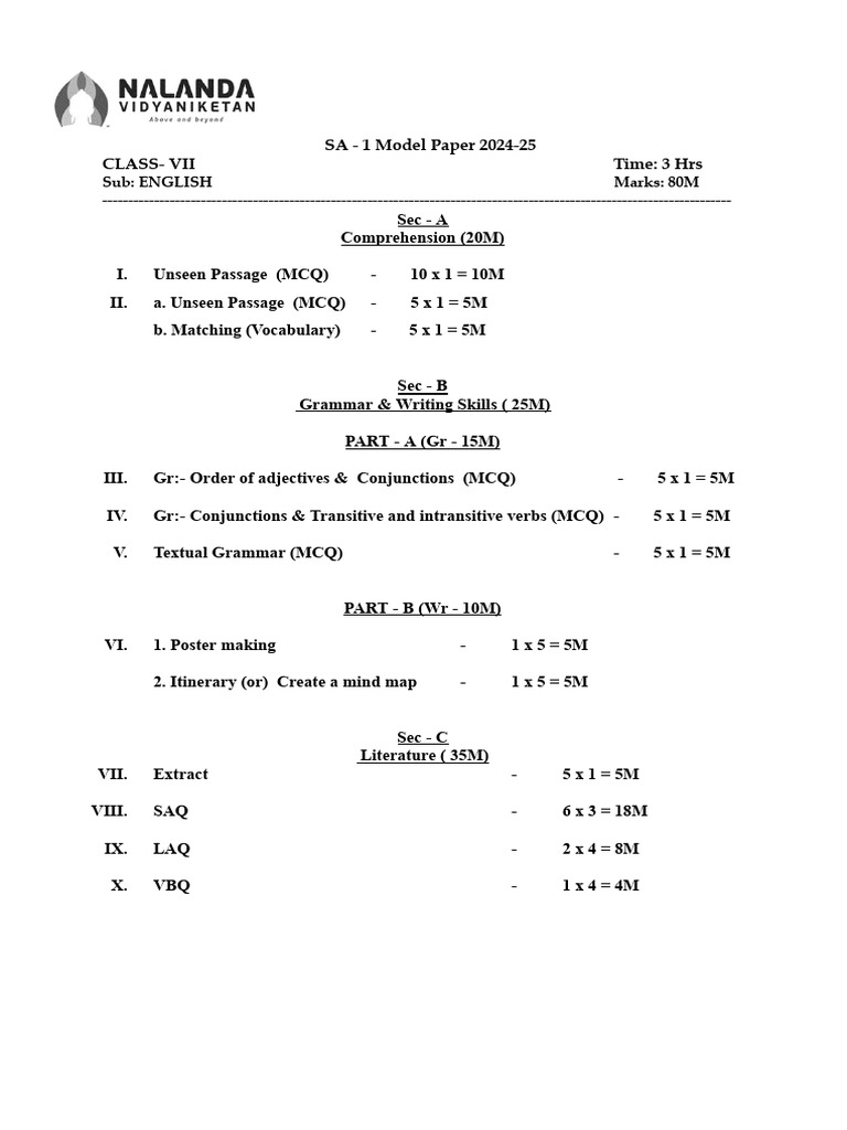 English SA - 1 Model EXAM PAPER 2024-25 class-VII.docx.docx | PDF