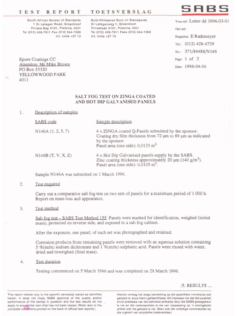 Doc. 00 - Salt Fog Test (Zinga vs HDG) SABS (S. Africa) | PDF