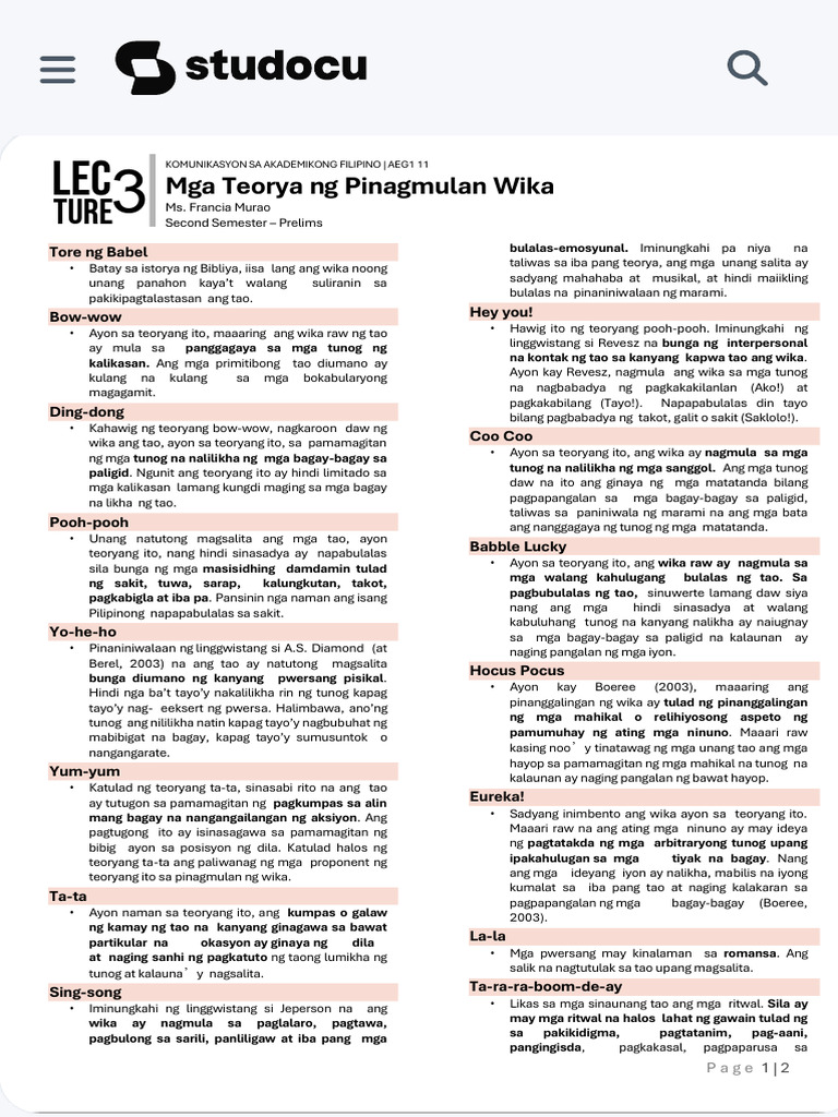 Lesson 3 Teorya NG Wika - P A G e 1 2 Lec Ture 3 Komunikasyon Sa Akademikong Filipino Aeg1 11 ...