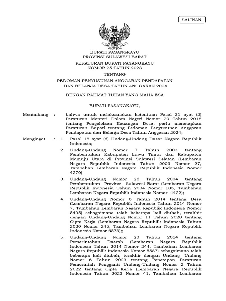 SALINAN PERBUB NOMOR 25 TAHUN 2023 TENTANG PEDOMAN PENYUSUNAN APBDesa 2024 | PDF