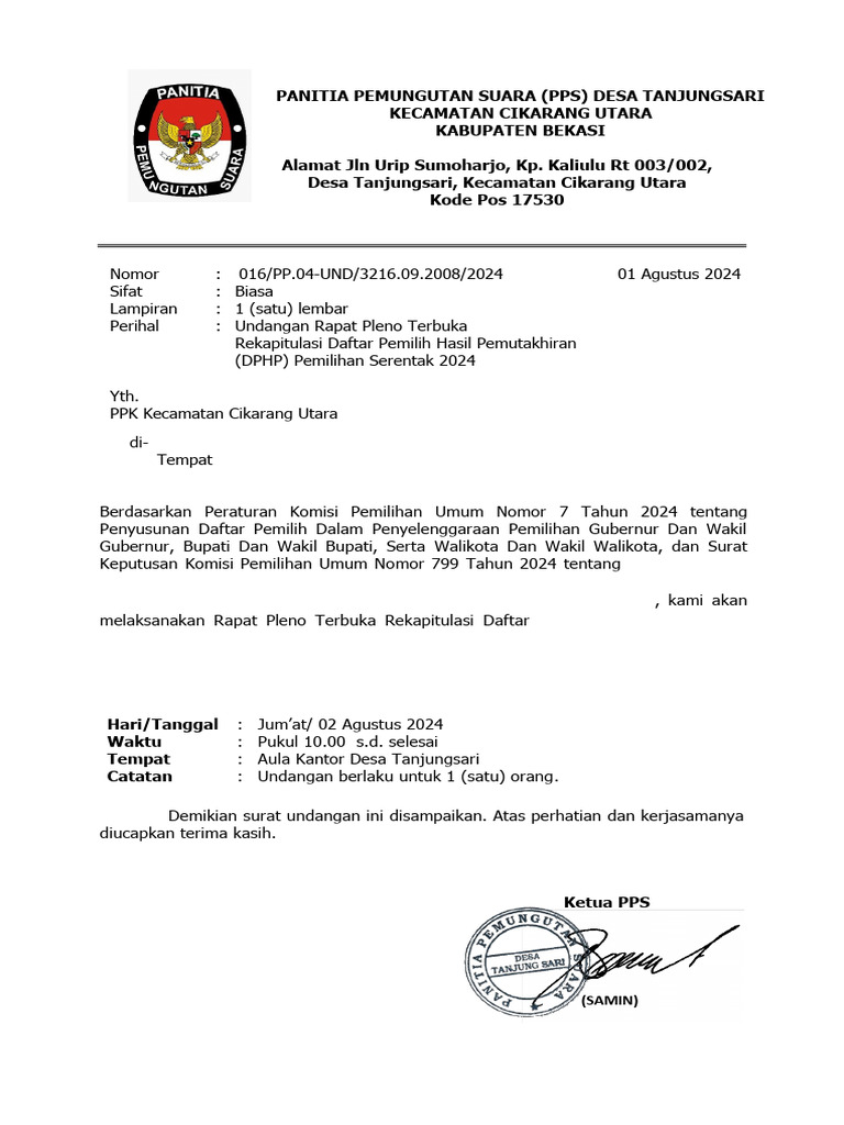 Undangan DPHP PPS DESA TANJUNGSARI PPK CIKARANG UTARA | PDF