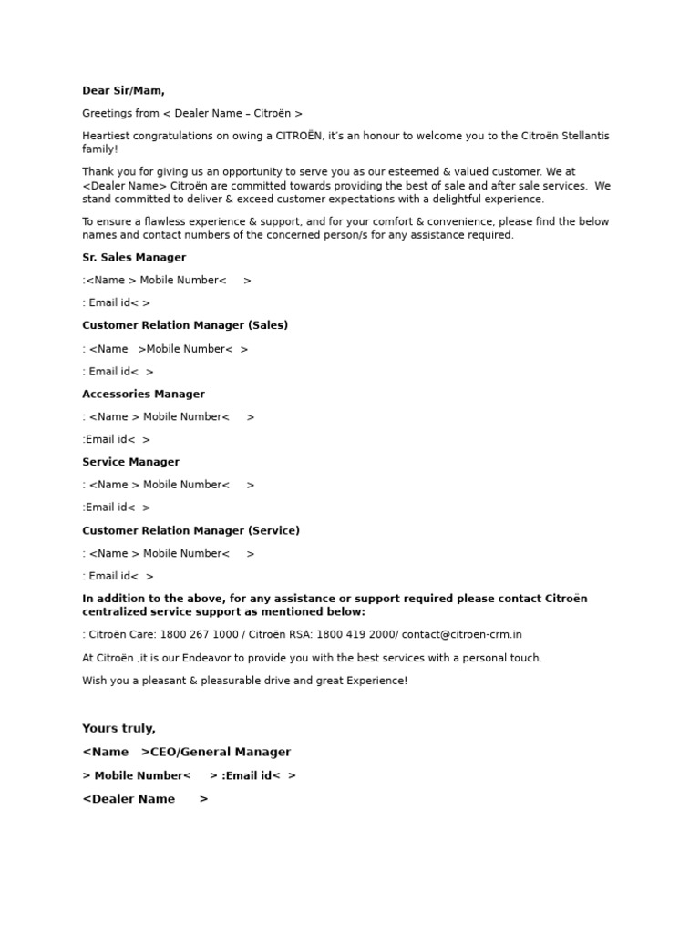 Welcome Letter - Dealer To Customer - New Car Sale - Citroen | PDF ...