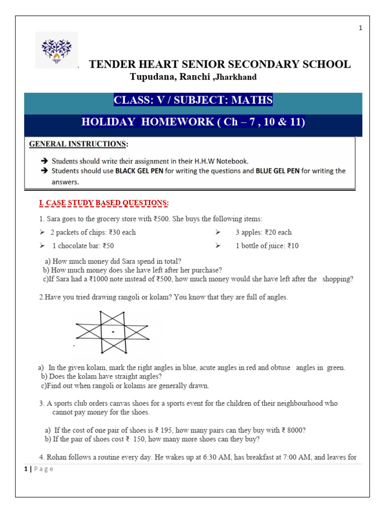 STD 5 MATHS Diwali Chhath HHW (24-25) | PDF