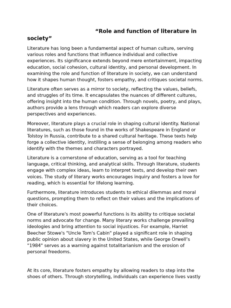 Role and Function of Literature in Society | PDF | Identity (Social ...