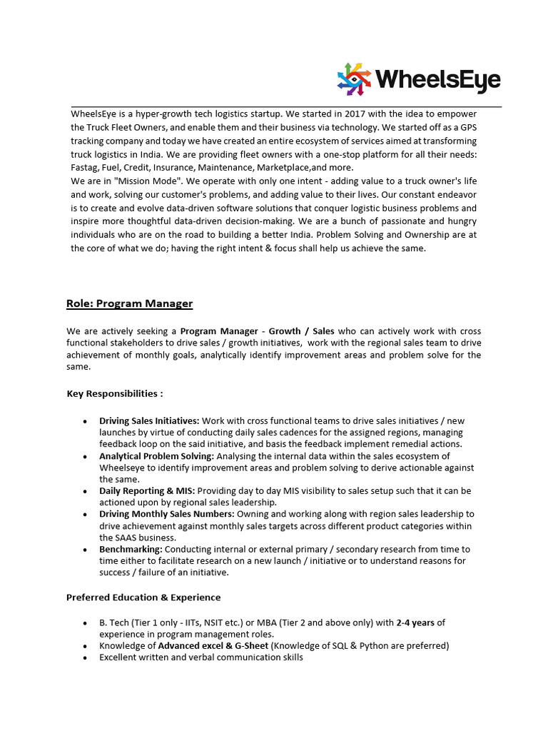 Job description - Program manager | PDF | Leadership | Business