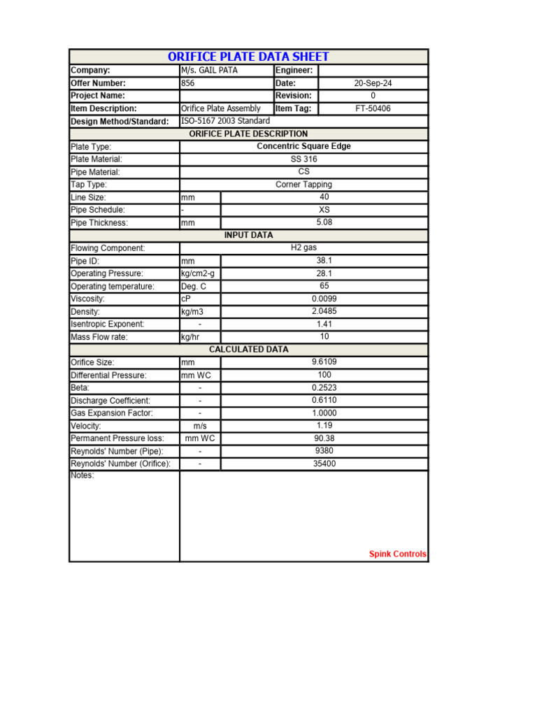 Orifice Plate Data Sheet for GAIL PATA | PDF