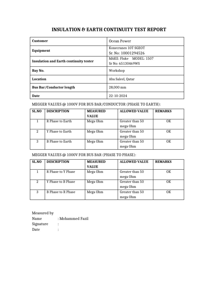 Insulation and Earth Continuity Test Report | PDF | Science & Mathematics