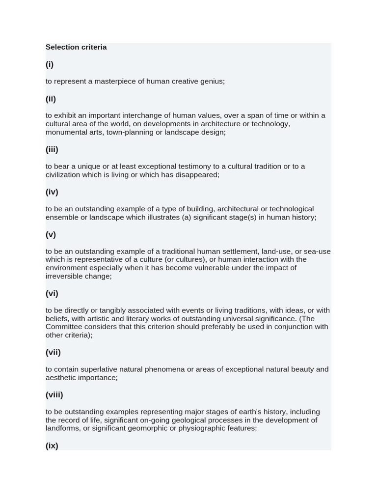 UNESCO World Heritage Selection Criteria | PDF | Social Science | Art
