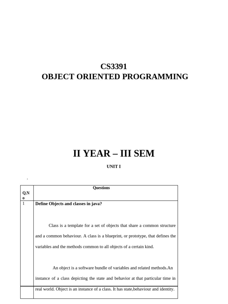 Ii Year Iii Sem Cs8391 Object Oriented Programming Print Pdf Class Computer Programming 6671