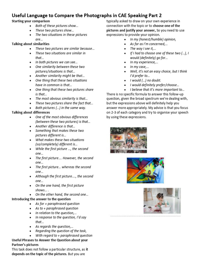 2 Useful Language To Compare The Photographs in CAE Speaking Part 2 1 | PDF | Question | Linguistics