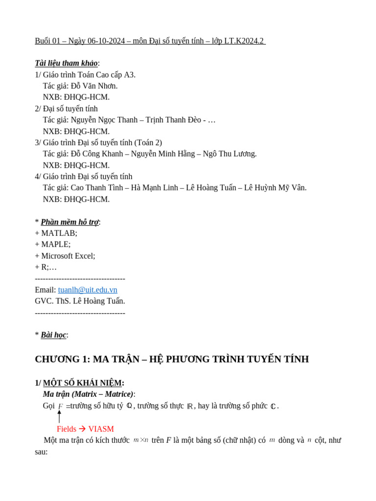 Buoi 01 - Ngay 06-10-2024 - Mon Dai So Tuyen Tinh - Lop LT.K2024.2 | PDF