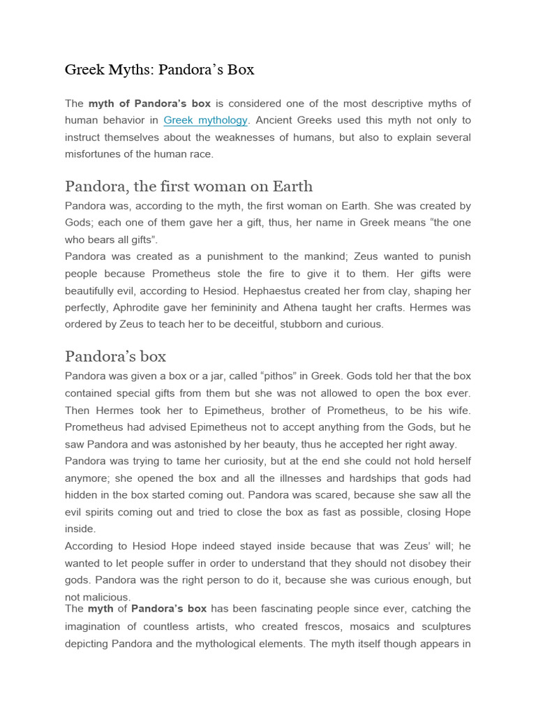 Greek Myths Pandoras Box | PDF | Prometheus | Greek Mythology
