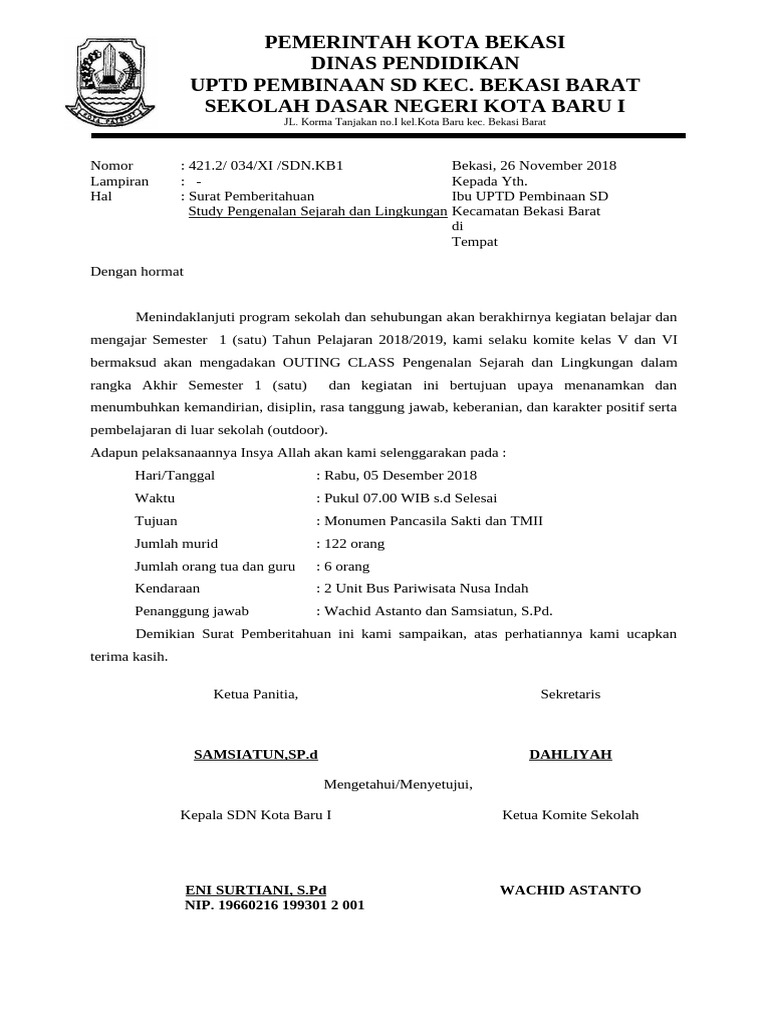Surat Pemberitahuan Ke Uptd Study Tur 2018 Desember | PDF