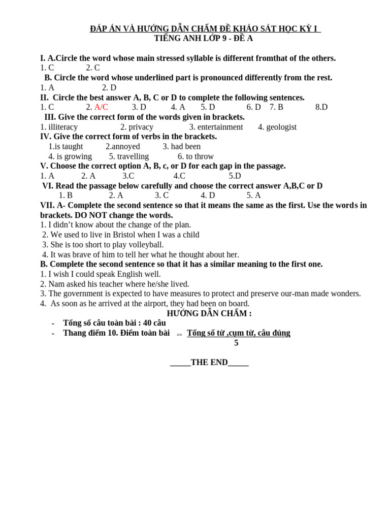 Đáp Án THCS HK1 L P 9 | PDF | Languages | Foreign Language Studies