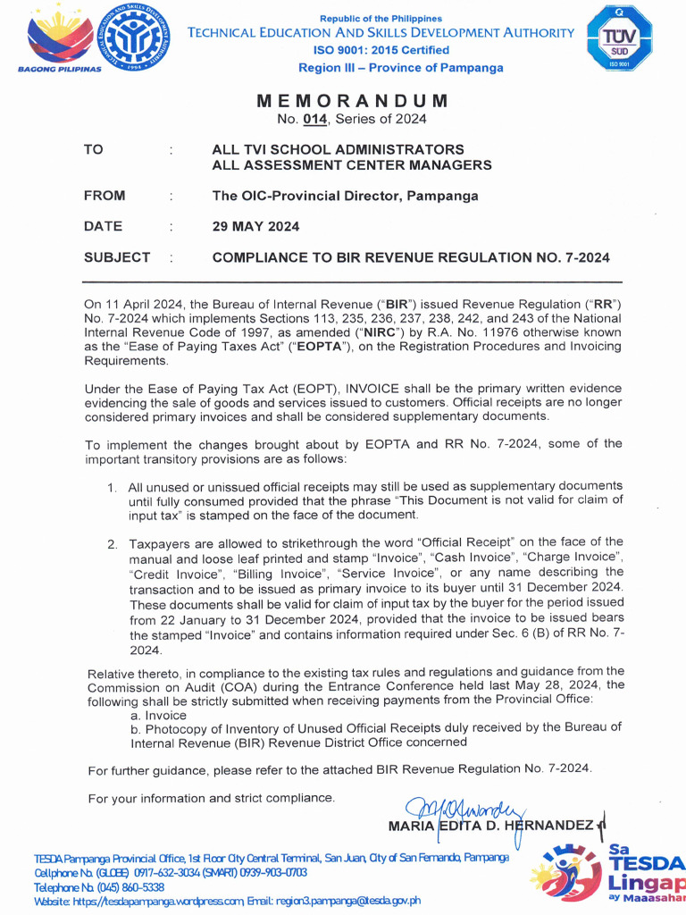Memorandum No 14 S 2024 Compliance To BIR RR No 7 2024 000224 | PDF