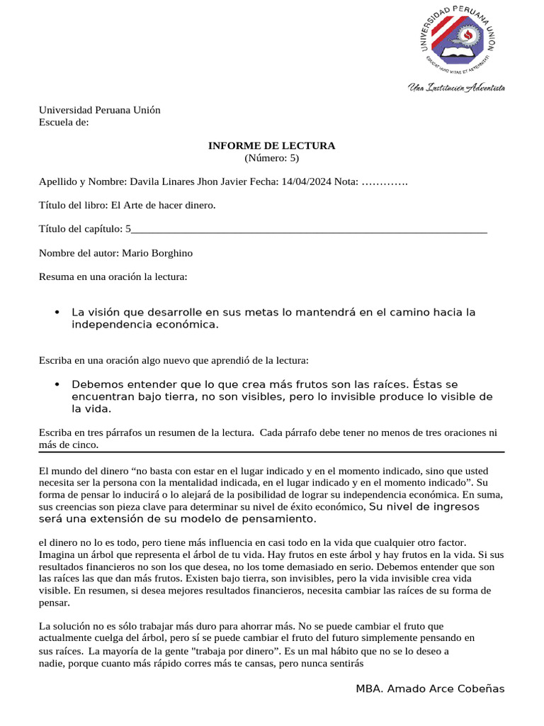 5 Informe De Lectura 5 Pdf 6173